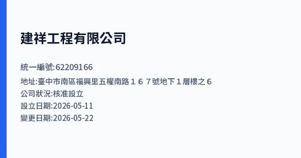 建祥工程有限公司的照片-統編 62209166(臺中市) 公司登記資料與營業項目詳細圖表