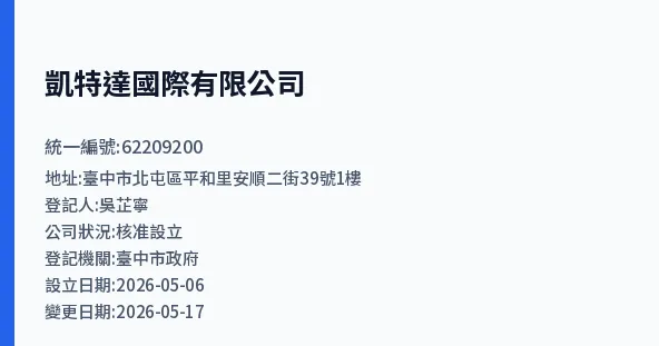 凱特達國際有限公司的照片-統編 62209200(臺中市) 公司登記資料與營業項目詳細圖表
