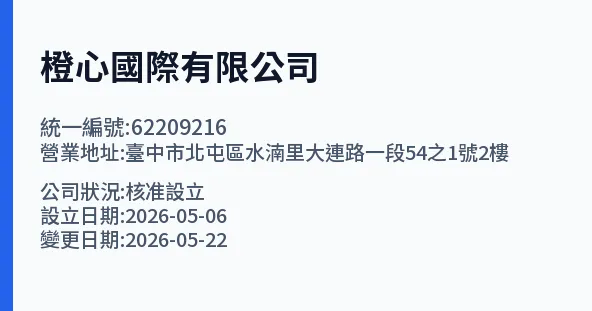 橙心國際有限公司的照片-統編 62209216(臺中市) 公司登記資料與營業項目詳細圖表
