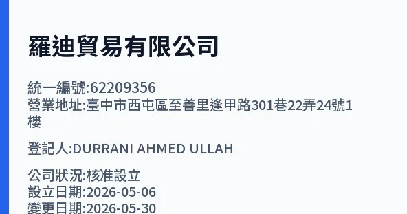 羅迪貿易有限公司的照片-統編 62209356(臺中市) 公司登記資料與營業項目詳細圖表