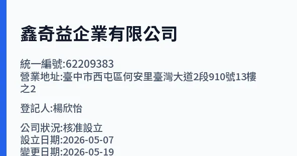 鑫奇益企業有限公司的照片-統編 62209383(臺中市) 公司登記資料與營業項目詳細圖表
