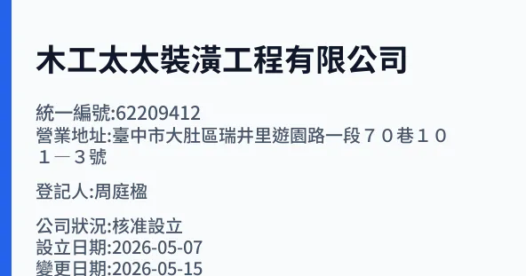 木工太太裝潢工程有限公司的照片-統編 62209412(臺中市) 公司登記資料與營業項目詳細圖表