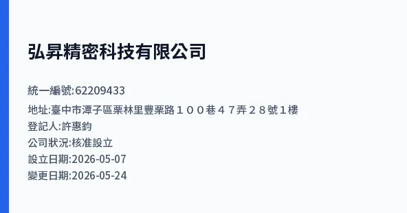 弘昇精密科技有限公司的照片-統編 62209433(臺中市) 公司登記資料與營業項目詳細圖表