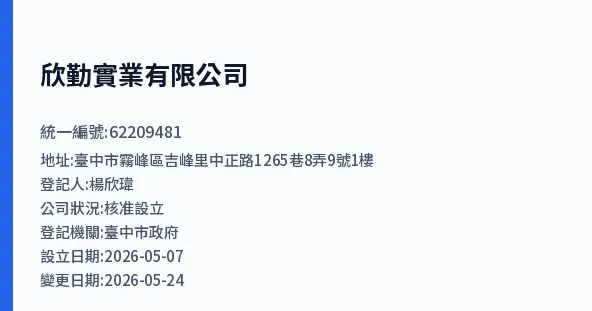 欣勤實業有限公司的照片-統編 62209481(臺中市) 公司登記資料與營業項目詳細圖表