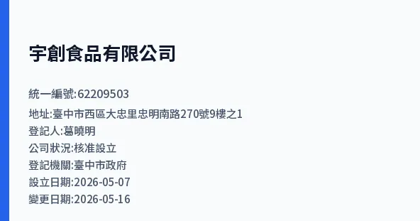 宇創食品有限公司的照片-統編 62209503(臺中市) 公司登記資料與營業項目詳細圖表