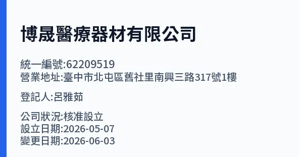 博晟醫療器材有限公司的照片-統編 62209519(臺中市) 公司登記資料與營業項目詳細圖表