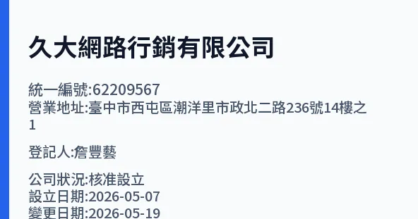 久大網路行銷有限公司的照片-統編 62209567(臺中市) 公司登記資料與營業項目詳細圖表