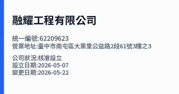 融耀工程有限公司的照片-統編 62209623(臺中市) 公司登記資料與營業項目詳細圖表