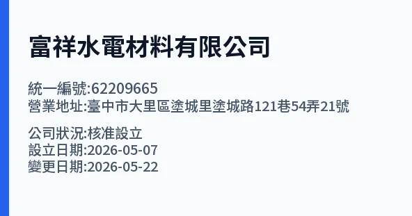 富祥水電材料有限公司的照片-統編 62209665(臺中市) 公司登記資料與營業項目詳細圖表