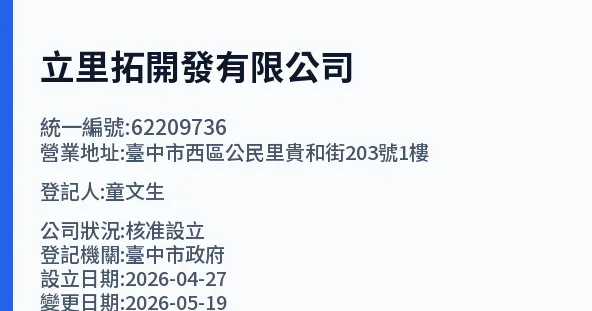 立里拓開發有限公司的照片-統編 62209736(臺中市) 公司登記資料與營業項目詳細圖表