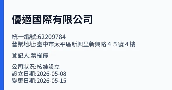 優適國際有限公司的照片-統編 62209784(臺中市) 公司登記資料與營業項目詳細圖表