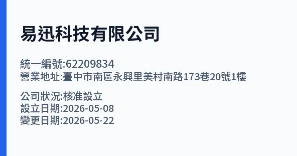 易迅科技有限公司的照片-統編 62209834(臺中市) 公司登記資料與營業項目詳細圖表