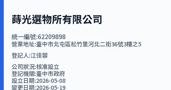 蒔光選物所有限公司的照片-統編 62209898(臺中市) 公司登記資料與營業項目詳細圖表