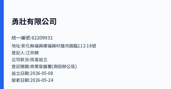 勇壯有限公司的照片-統編 62209932(彰化縣) 公司登記資料與營業項目詳細圖表