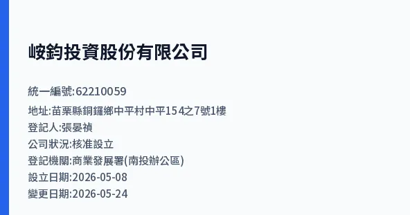 峖鈞投資股份有限公司的照片-統編 62210059(苗栗縣) 公司登記資料與營業項目詳細圖表