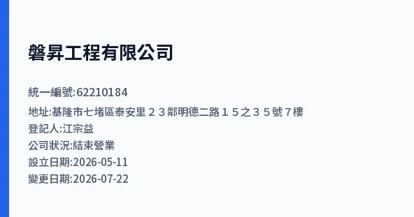 磐昇工程有限公司的照片-統編 62210184 公司登記資料與營業項目詳細圖表