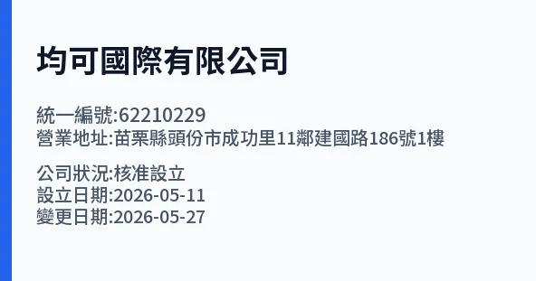 均可國際有限公司的照片-統編 62210229(苗栗縣) 公司登記資料與營業項目詳細圖表