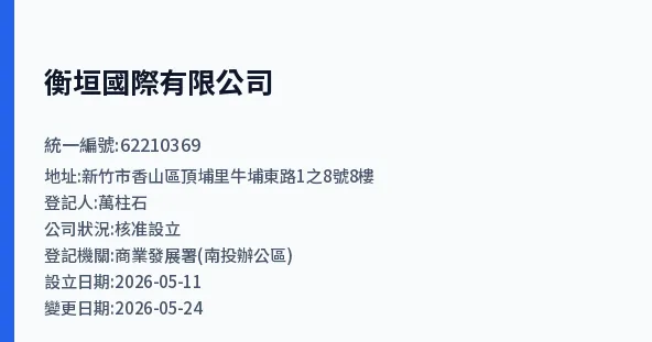 衡垣國際有限公司的照片-統編 62210369(新竹市) 公司登記資料與營業項目詳細圖表