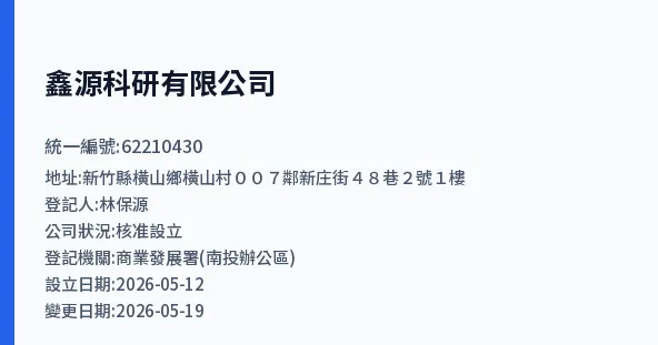 鑫源科研有限公司的照片-統編 62210430(新竹縣) 公司登記資料與營業項目詳細圖表