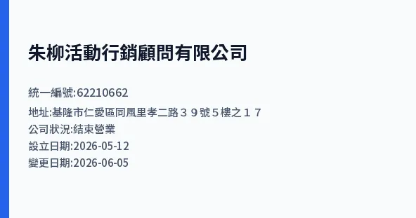 朱柳活動行銷顧問有限公司的照片-統編 62210662(基隆市) 公司登記資料與營業項目詳細圖表
