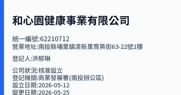 和心園健康事業有限公司的照片-統編 62210712(南投縣) 公司登記資料與營業項目詳細圖表