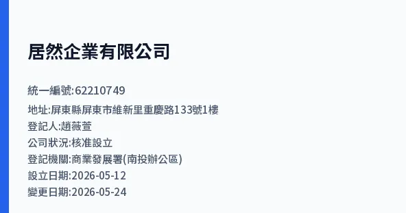 居然企業有限公司的照片-統編 62210749(屏東縣) 公司登記資料與營業項目詳細圖表