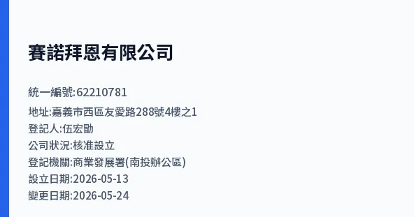 賽諾拜恩有限公司的照片-統編 62210781(嘉義市) 公司登記資料與營業項目詳細圖表