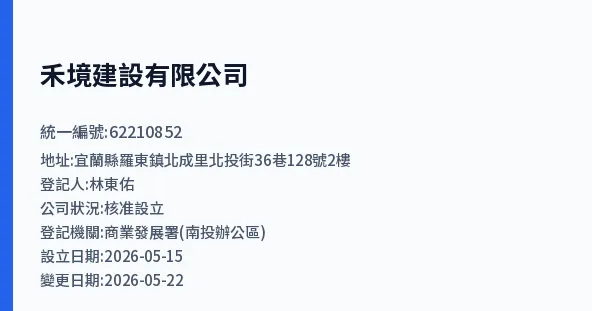 禾境建設有限公司的照片-統編 62210852(宜蘭縣) 公司登記資料與營業項目詳細圖表