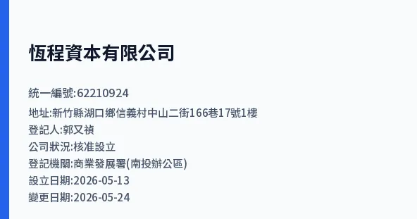 恆程資本有限公司的照片-統編 62210924(新竹縣) 公司登記資料與營業項目詳細圖表