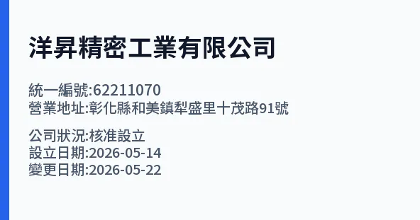 洋昇精密工業有限公司的照片-統編 62211070(彰化縣) 公司登記資料與營業項目詳細圖表
