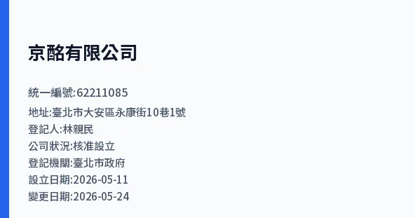京酩有限公司的照片-統編 62211085(臺北市) 公司登記資料與營業項目詳細圖表
