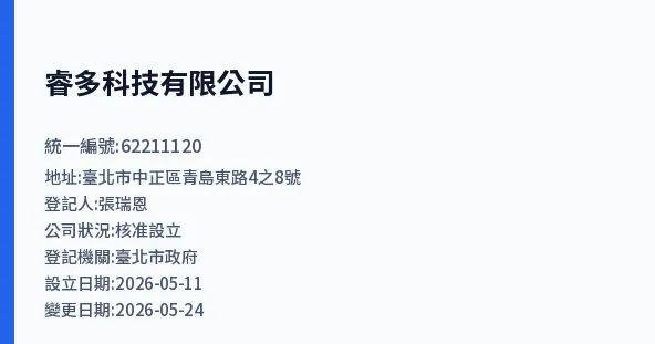 睿多科技有限公司的照片-統編 62211120(臺北市) 公司登記資料與營業項目詳細圖表