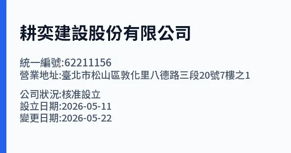 耕奕建設股份有限公司的照片-統編 62211156(臺北市) 公司登記資料與營業項目詳細圖表