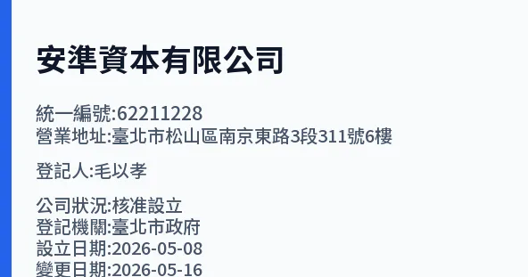 安準資本有限公司的照片-統編 62211228(臺北市) 公司登記資料與營業項目詳細圖表