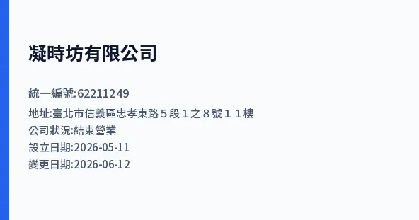 凝時坊有限公司的照片-統編 62211249 公司登記資料與營業項目詳細圖表