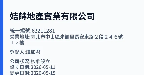 姞蒔地產實業有限公司的照片-統編 62211281(臺北市) 公司登記資料與營業項目詳細圖表