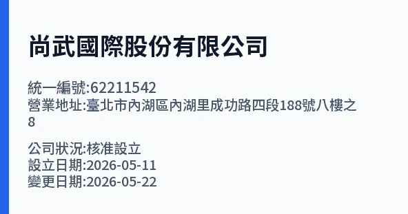 尚武國際股份有限公司的照片-統編 62211542(臺北市) 公司登記資料與營業項目詳細圖表