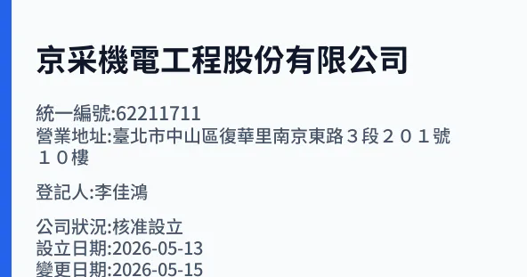 京采機電工程股份有限公司的照片-統編 62211711(臺北市) 公司登記資料與營業項目詳細圖表