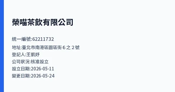 榮喵茶飲有限公司的照片-統編 62211732(臺北市) 公司登記資料與營業項目詳細圖表
