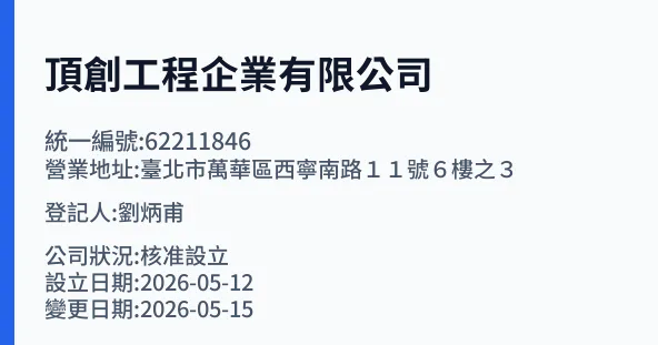 頂創工程企業有限公司的照片-統編 62211846(臺北市) 公司登記資料與營業項目詳細圖表