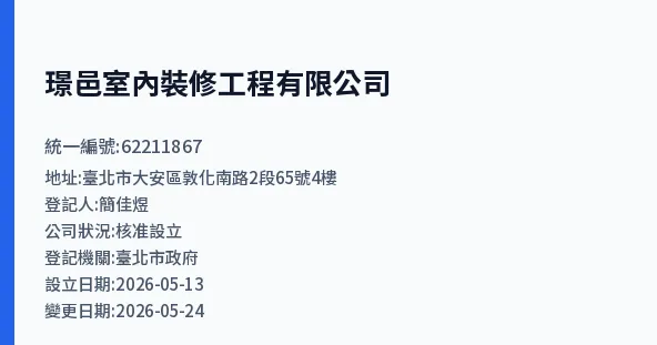 璟邑室內裝修工程有限公司的照片-統編 62211867(臺北市) 公司登記資料與營業項目詳細圖表