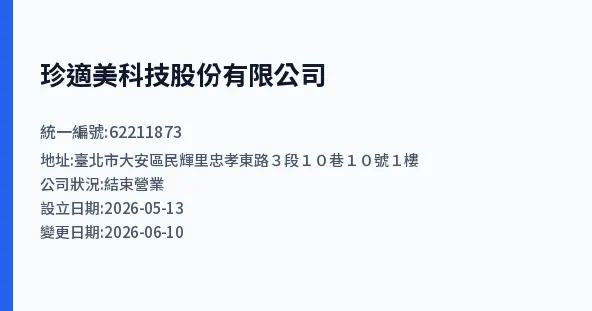 珍適美科技股份有限公司的照片-統編 62211873(臺北市) 公司登記資料與營業項目詳細圖表