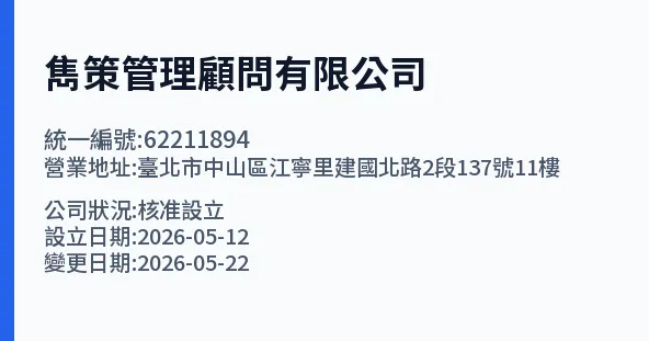 雋策管理顧問有限公司的照片-統編 62211894(臺北市) 公司登記資料與營業項目詳細圖表
