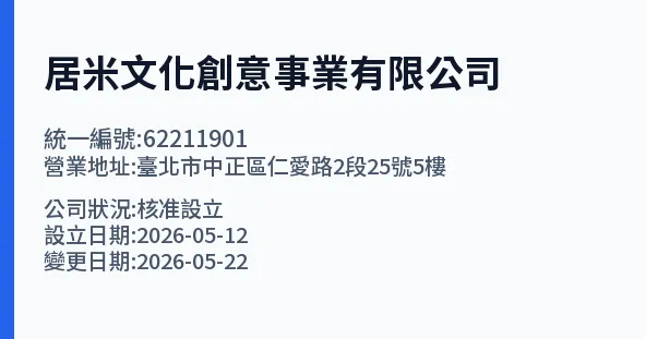居米文化創意事業有限公司的照片-統編 62211901(臺北市) 公司登記資料與營業項目詳細圖表