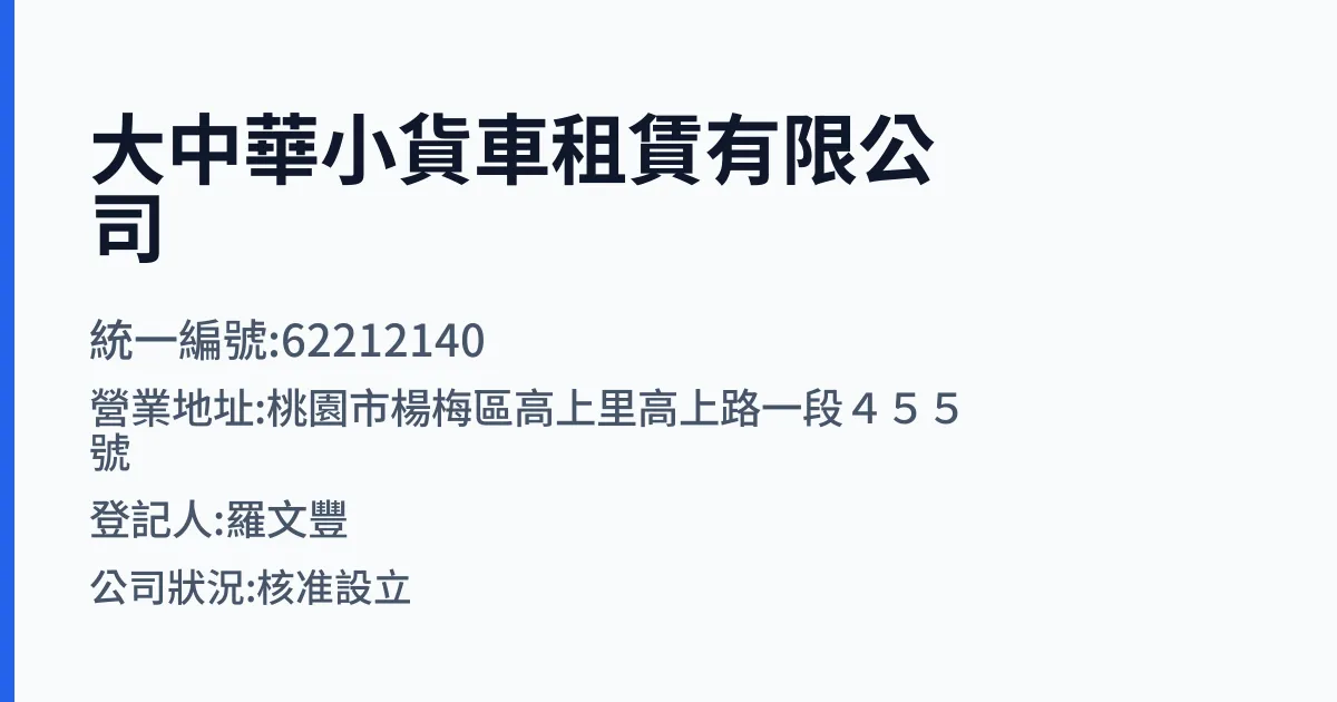 大中華小貨車租賃有限公司 - 統編 62212140(桃園市) 公司登記資料與營業項目詳細圖表