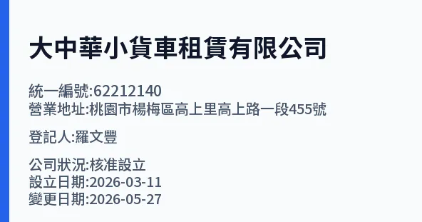 大中華小貨車租賃有限公司的照片-統編 62212140(桃園市) 公司登記資料與營業項目詳細圖表