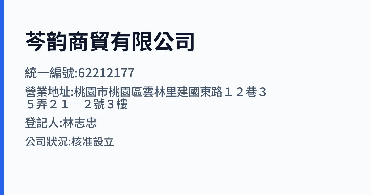 芩韵商貿有限公司 - 統編 62212177(桃園市) 公司登記資料與營業項目詳細圖表