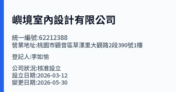 嶼境室內設計有限公司的照片-統編 62212388(桃園市) 公司登記資料與營業項目詳細圖表