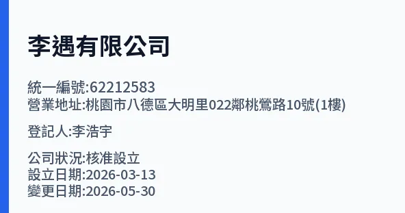 李遇有限公司的照片-統編 62212583(桃園市) 公司登記資料與營業項目詳細圖表