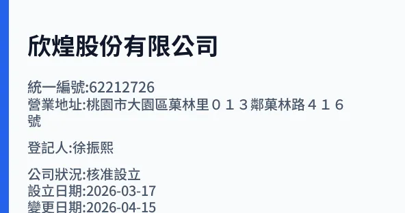 欣煌股份有限公司的照片-統編 62212726(桃園市) 公司登記資料與營業項目詳細圖表